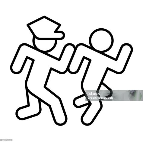 보안관 남자가 인간의 얇은 선 아이콘 법 집행 개념을 잡습니다 벡터 그래픽입니다 경찰관은 흰색 배경 스타일 모바일 또는 디자인에 도둑 표지판을 잡기 위해 달리고 있습니다