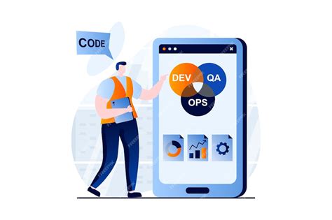 플랫 만화 디자인의 사람들이 있는 Devops 개념 회사에서 관리 개발 작업 및 모바일 앱 프로그래밍 프로세스를 설정하는 남자