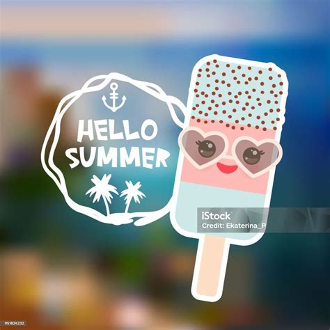 아이스크림 얼음 롤리 귀여운 선글라스 분홍색 뺨 및 윙크 눈 파스텔 색상 안녕하세요 여름 카드 디자인 푸른 바다 바다 배경 흐림에 서식 비치 산 섬 배너 벡터 0명에 대한