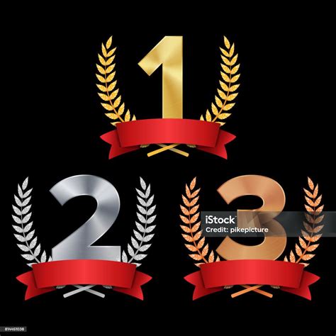 트로피 수상 설정된 벡터입니다 1 2 3 숫자 1 2 3 현실적인 골드 실버 청동 월계관 및 빨간 리본 경쟁 게임 개념입니다 블랙에 고립 일러스트 레이 션 3위에 대한 스톡