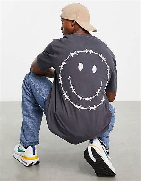 Topman Oversized T Shirt With Front And Back Smile Print In Washed
