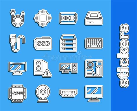 Set Line Computer Monitor Screen Motherboard Digital Chip Keyboard Hard Disk Drive Hdd Ssd