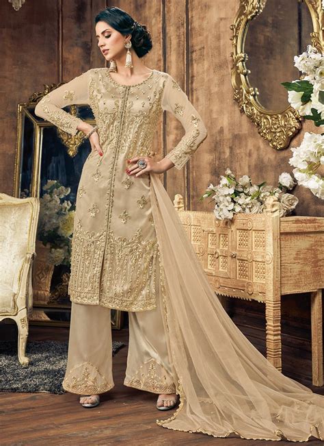 Beige Net Enbroidered Party Wear Palazzo Suit Salwar Kameez Designer