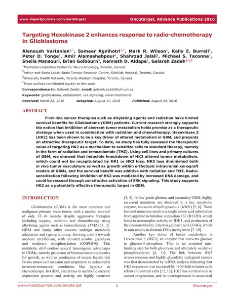 Pdf Targeting Hexokinase 2 Enhances Response To Radio Chemotherapy In
