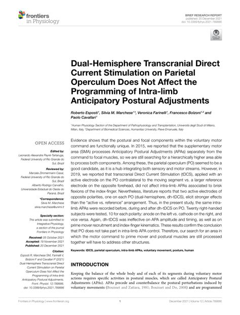 Pdf Dual Hemisphere Transcranial Direct Current Stimulation On Parietal Operculum Does Not