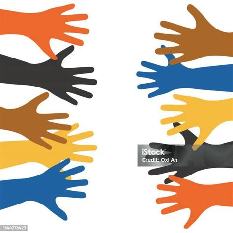 다양한 색상의 손이 그려져 있습니다 벡터 배경 그림은 다민족 손 민족 공존 조화 공동체 우정 평화 기쁨 아이들의 손입니다 인쇄 카드 디자인 요소 개성 개념에 대한 스톡 벡터