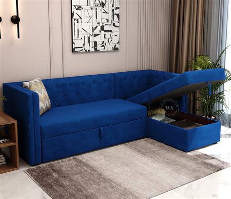 Buy Berlin Right Aligned Convertible Sofa Cum Bed With Storage Velvet Indigo Blue At Off