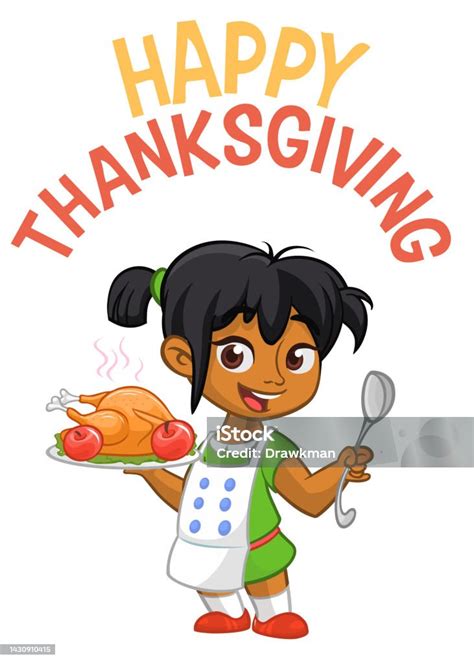 트레이와 포크를 들고 구운 추수 감사절 칠면조 요리를 제공하는 앞치마에 만화 귀여운 작은 아랍 또는 아프리카 계 미국인 소녀 벡터 그림입니다 추수 감사절 디자인