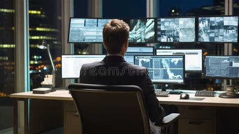 technical operator employee working with multiple computer monitors displays in system control