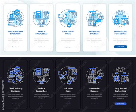 Small Business Budget Night And Day Mode Onboarding Mobile App Screen Walkthrough 5 Steps