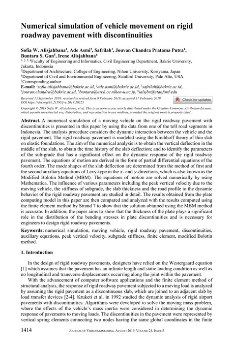 Pdf Numerical Simulation Of Vehicle Movement On Rigid Roadway Pavement With Discontinuities