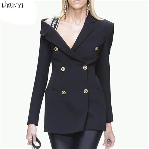 Lxunyi Double Breasted Blazer Women Sexy Off Shoulder Slim Black Ladies