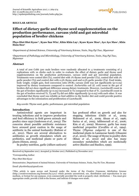 Pdf Effect Of Dietary Garlic And Thyme Seed Supplementation On The Production Performance
