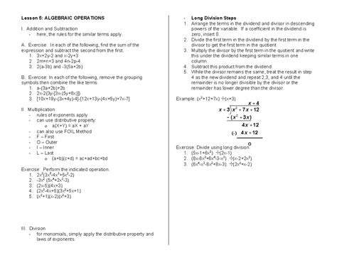 Algebraic Operations Math Lesson 5 Algebraic Operations I Addition And Subtraction Here