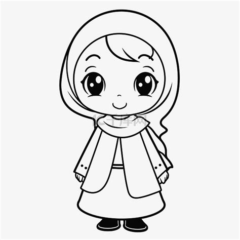 有趣的孩子卡通卡通穆斯林女孩在着色页轮廓素描画中戴着头巾 向量素材图片免费下载 千库网