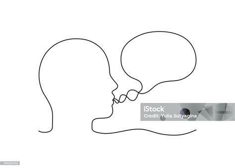 헤드 맨은 연설 버블 윤곽선 대화 사람 말하기 연속 선 그리기와 이야기합니다 그래픽 미니멀리스트 선형 통신을위한 풍선 진술 벡터 일러스트 레이 션 말하기에 대한 스톡 벡터