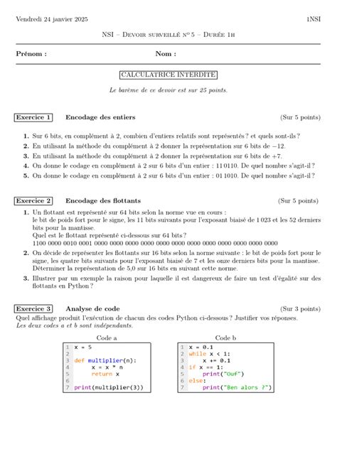 Devoir Surveillé Nsi Encodage Et Analyse Pdf Python Langage De