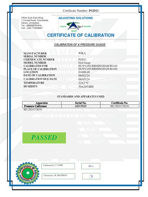 Certificate Of Calibration For A Pressure Guage Dahbah Pgd11 Pass Pdf Calibration Science