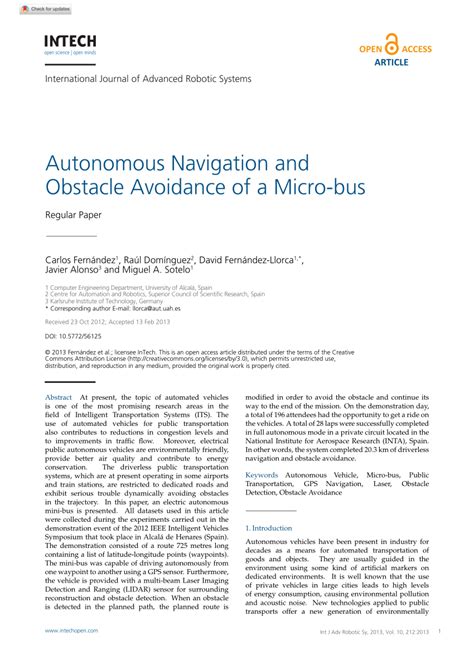 Pdf Autonomous Navigation And Obstacle Avoidance Of A Micro Bus
