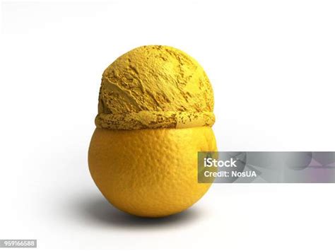 과일 아이스크림 A 오렌지 아이스크림 볼의 현대 개념은 구운된 오렌지에 흰색 배경에서 3d 렌더링 0명에 대한 스톡 사진 및