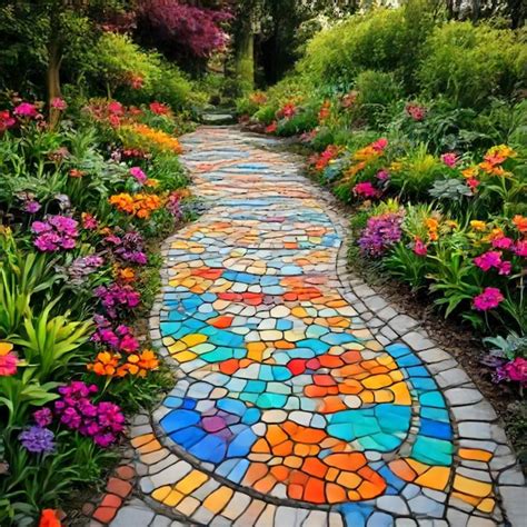 A Walkway With Colorful Flowers And A Mosaic Path Premium Ai