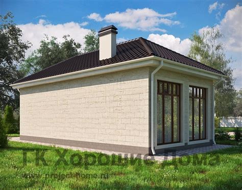 Проект одноэтажного дома из газобетона, с панорамными окнами, 47.3 м²