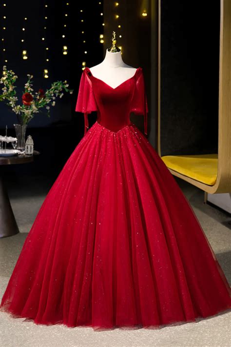 Burgundy Velvet And Tulle Long Prom Dress A Line V Neck Formal Evening