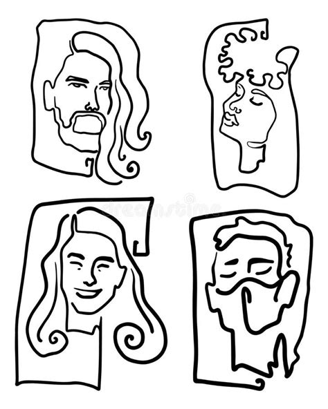 Portraits Of People In A Linear Style Black And White Illustration