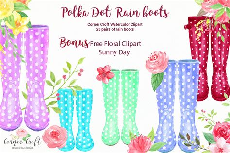 Watercolor Polka Dot Rain Boots By Cornercroft Thehungryjpeg