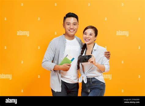 Excited Young Couple Two Friends Traveler Tourist Man Woman Hold