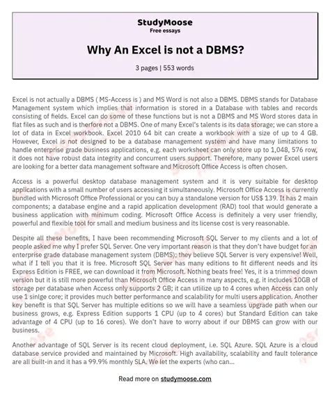Why An Excel Is Not A DBMS Free Essay Example