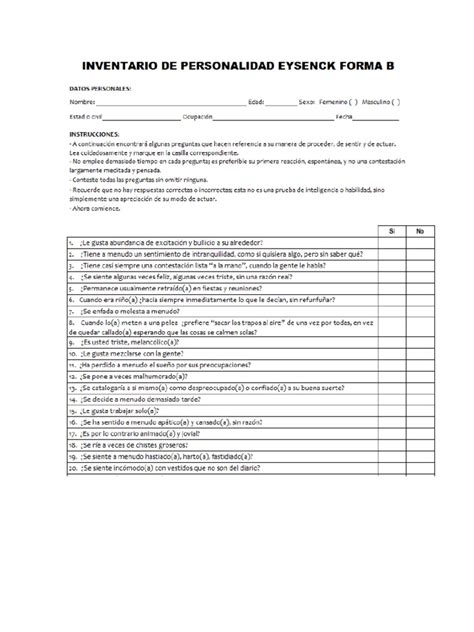Test De Personalidad De Eysenck Forma B Adultos Pdf