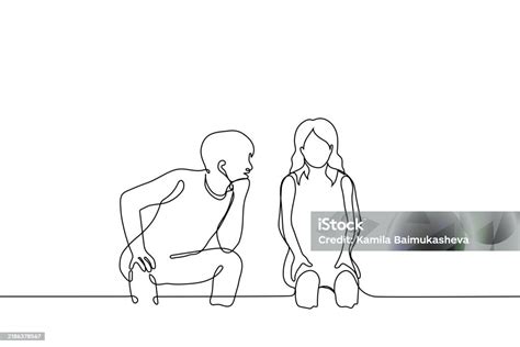 남자는 소녀 옆에 앉아서 그녀와 이야기하는 그녀를 멍하니보고 웃는 소녀는 그를 않고 부끄러워합니다 하나의 선 그리기 벡터 여자와 바람을 피우는 남자의 개념 거리 괴롭힘