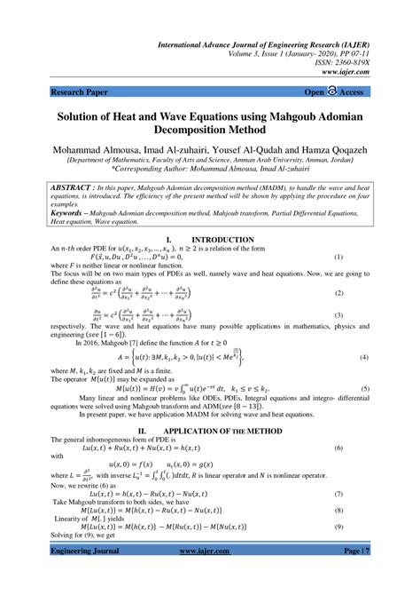 Pdf Solution Of Heat And Wave Equations Using Mahgoub Adomian