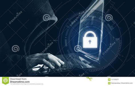 Hacker Man In Black Using Computer Laptop For Criminal Activity Hacking