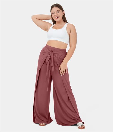 Womens High Waisted Tie Front Split Hem Palazzo Wide Leg Flowy Casual