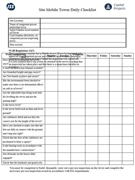 Iss 1001 Tmp 00018 Site Mobile Tower Daily Checklist Pdf Safety