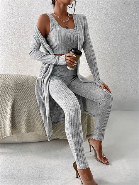 SHEIN Pezzi Monocolore A Costine Canotta Leggings Cappotto