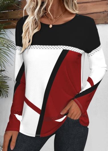 ROTITA Patchwork Geometric Print Wine Red Round Neck T Shirt Rotita