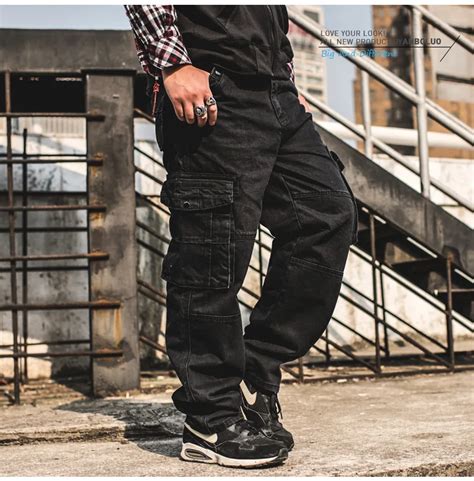 Japan Style Plus Size Mens Denim Cargo Pants Jeans Men Baggy Loose Black Jeans With Side Pockets