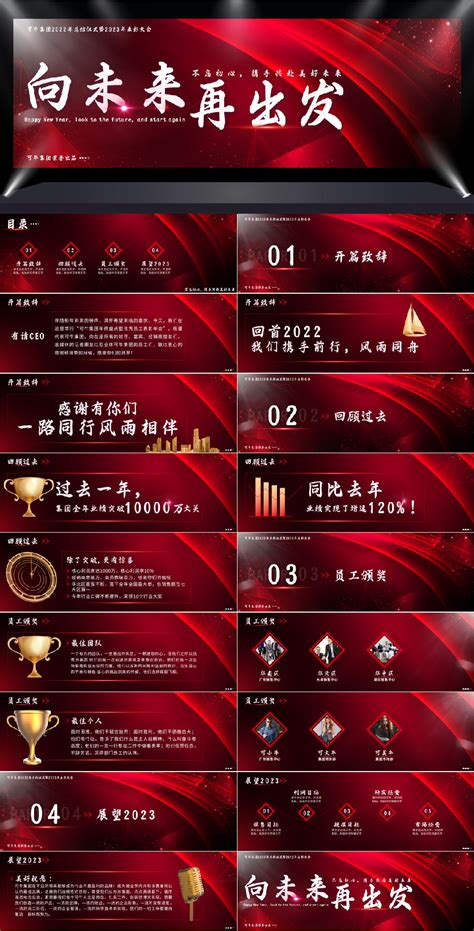 红色科技风宽屏向未来再出发年会带内容ppt模板完美办公