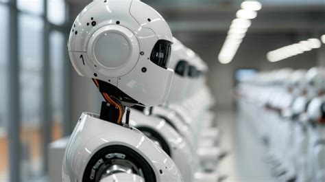 A Row Of Futuristic Robots In A Factory Showcasing Advanced Technology And Automation In