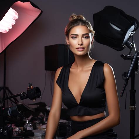 Premium Ai Image A Model Poses In Front Of A Camera With A Red Light