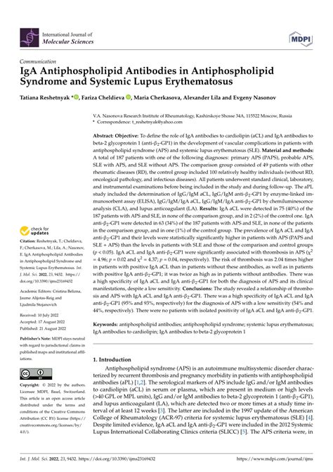 Pdf Iga Antiphospholipid Antibodies In Antiphospholipid Syndrome And