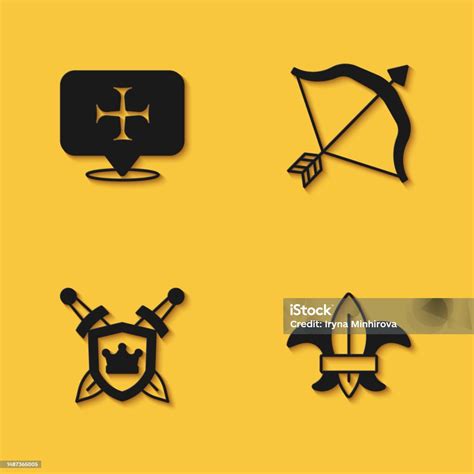 십자군 플뢰르 라이스 또는 백합 꽃 칼이 있는 방패 긴 그림자가 있는 중세 활과 화살 아이콘을 설정합니다 벡터 The Crusades에 대한 스톡 벡터 아트 및 기타 이미지