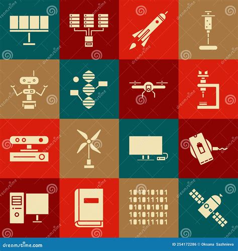 Set Satellite Wireless Charger Microscope Rocket Ship With Fire Dna Symbol Robot Solar