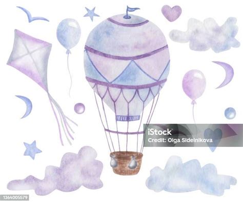 손으로 그린 파란색 보라색 열기구 연 새 마음 별 흰색에 고립 된 구름의 수채화 그림 어린이 생일 엽서 초대 장 용 요소의 클립 아트 세트 구름에 대한 스톡 벡터 아트 및