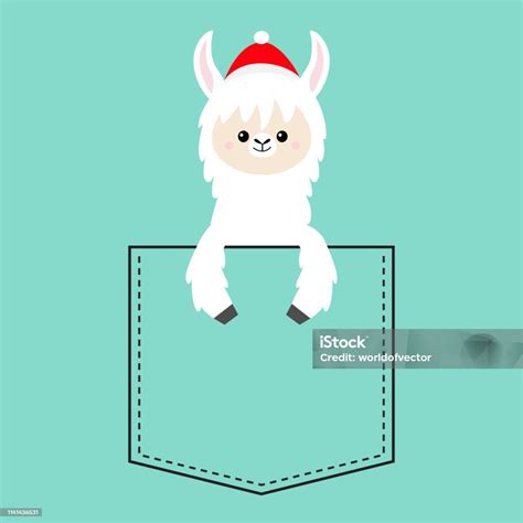 포켓에 앉아 알파 카 라마 산타 모자입니다 얼굴과 손 귀여운 만화 캐릭터입니다 안녕하세요 겨울 즐거운 성탄절 새해 복 많이 받으세요 파란색 배경입니다 평면 디자인입니다 T