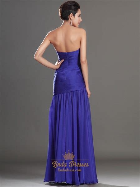 Hot Pink Strapless Chiffon Side Split Prom Dresses With Pleated Bodice