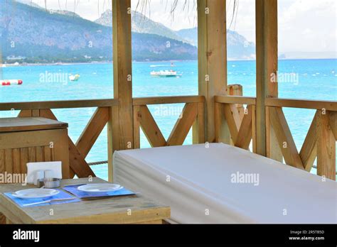 Empty Cafe And Gazebos For Relaxing On The Beach In T Rkiye Stock Photo